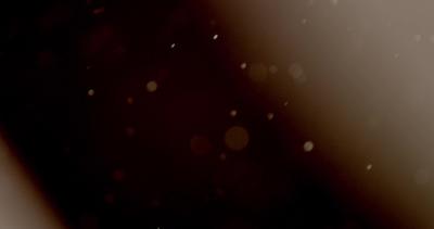 Bright golden particles glowing and floating on dark background in 4K ...